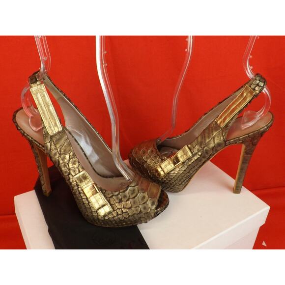 Versace | Shoes | Nib Versace Bronze Python Leather Peep Toe Bow Logo Platform Sandals Pumps 37 ...
